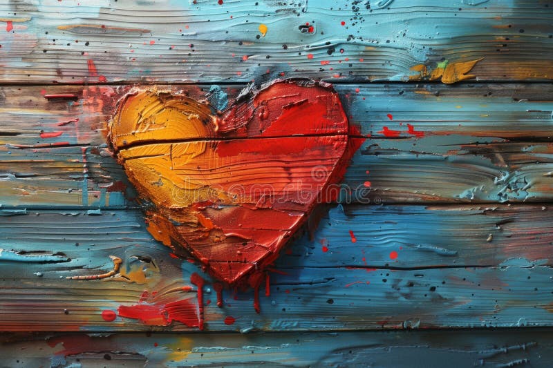 Colorful Heart Shape Painted on Rustic Wooden Planks Background Stock ...