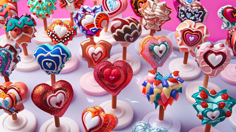Colorful Heart-shaped Cake Pops on Sticks with Decorative Designs Stock ...