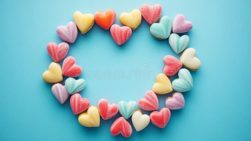 Colorful Heart-Shaped Candies Arranged in a Circle on a Blue Background ...