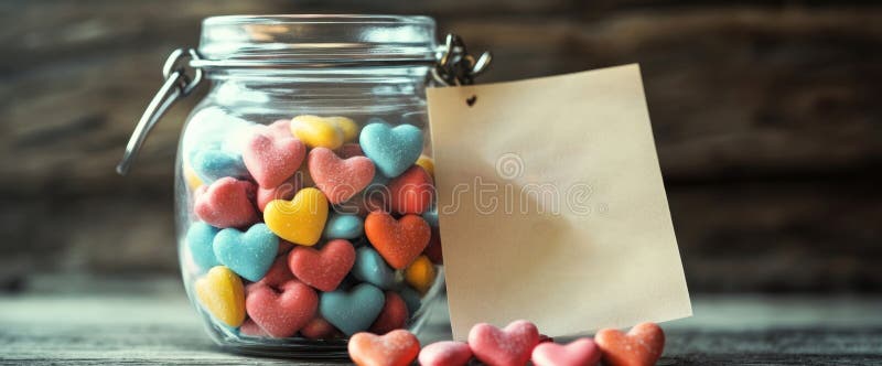 Colorful Heart-shaped Candies Fill a Glass Jar, Accompanied by a ...