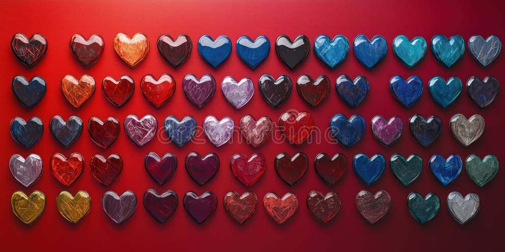 Colorful Heart-Shaped Decorative Objects Displayed in Rows on Red ...