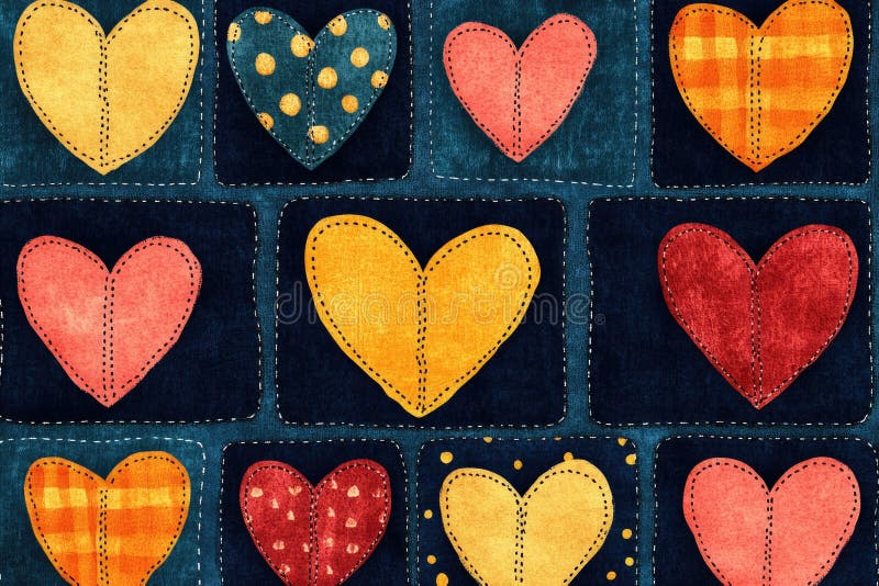 Colorful Heart-shaped Patches Stitched Onto Denim Fabric Creating a ...
