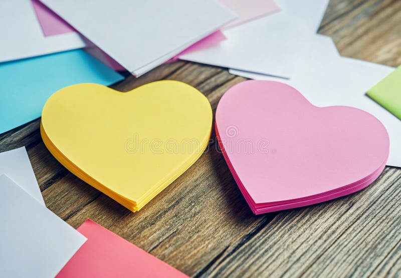 Colorful Heart Shaped Sticky Notes on Wooden Table High Quality Image ...