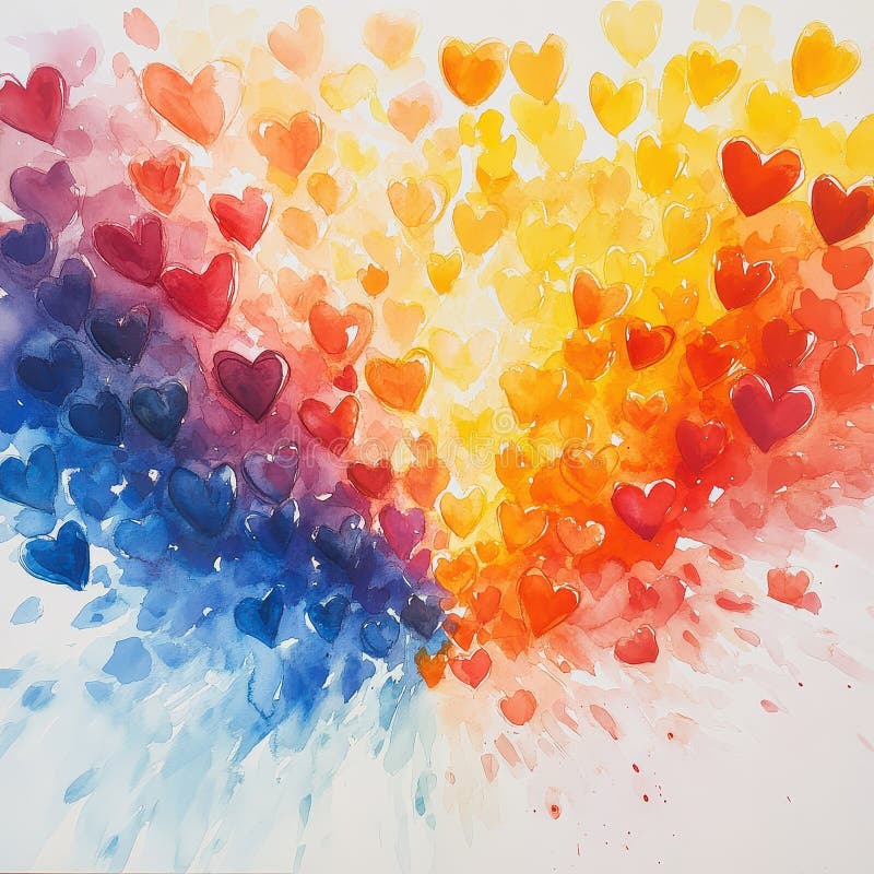 Colorful Heart Shapes in Watercolor Spread Across White Background ...