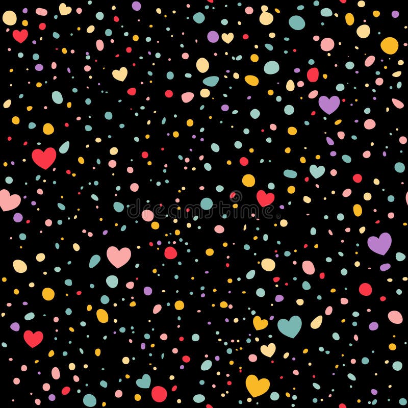 Colorful Hearts and Dots on Black Background. Vector Seamless Pattern ...