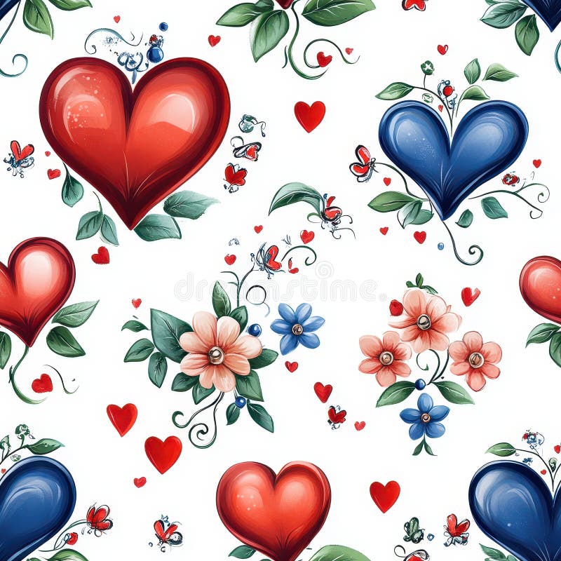 Colorful Hearts and Flowers Pattern on White Background for Creative ...