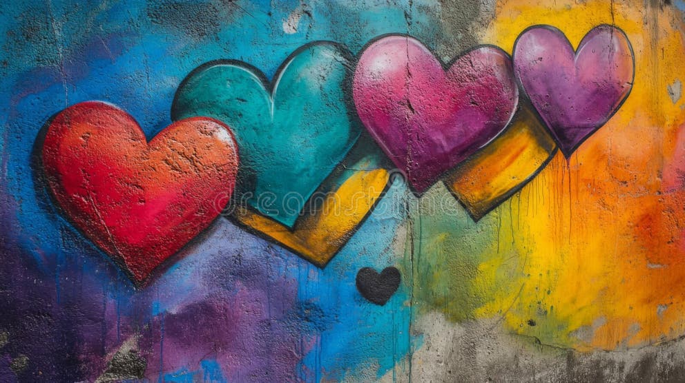 Colorful Hearts Graffiti Mural on Textured Wall Stock Illustration ...