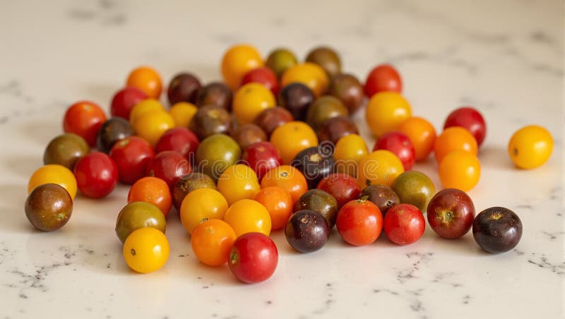 Colorful Heirloom Cherry Tomatoes on Marble Countertop Shiny Vibrant a ...