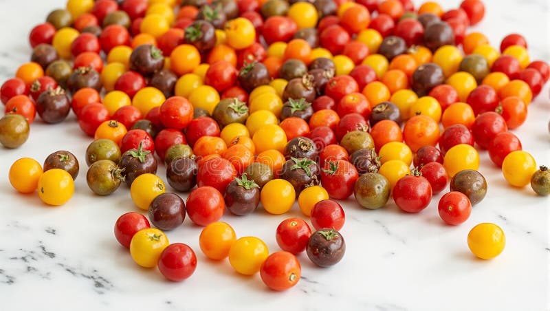 Colorful Heirloom Cherry Tomatoes on Marble Countertop Shiny Vibrant a ...