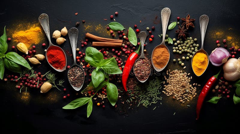 Colorful Herbs and Spices on a Dark Background 1 Stock Illustration ...