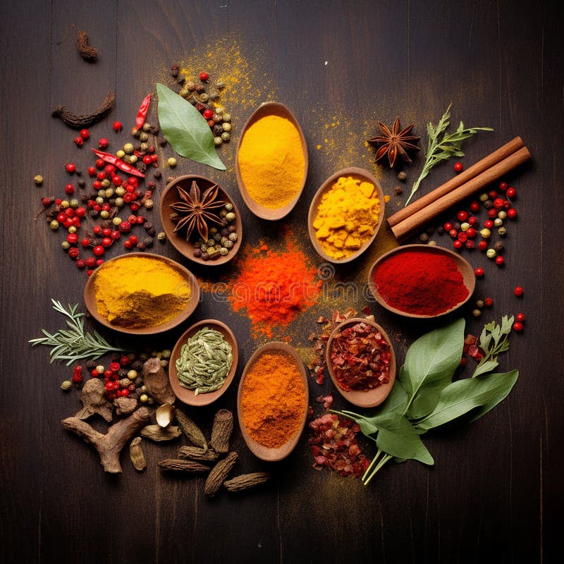Colorful Herbs and Spices on a Dark Background 2 Stock Illustration ...