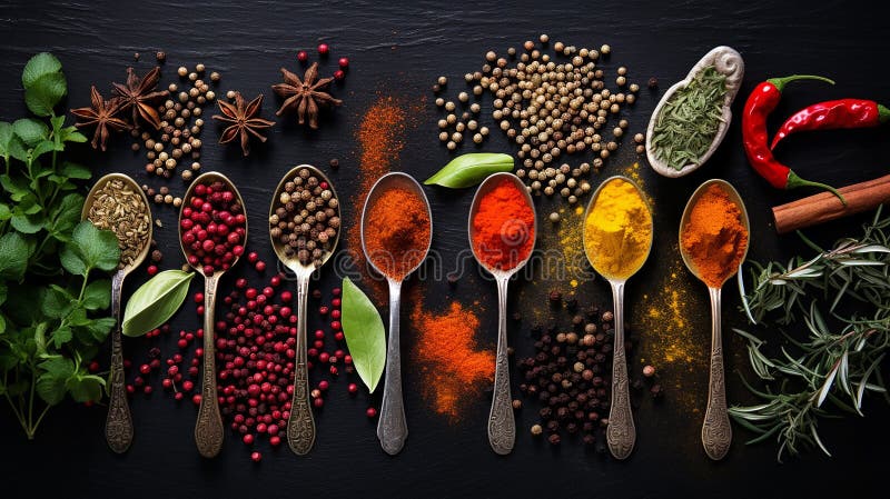 Colorful Herbs and Spices on a Dark Background 4 Stock Illustration ...