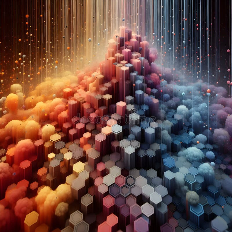 Colorful Hexagonal Structure Forming From Particle Clouds In Abstract
