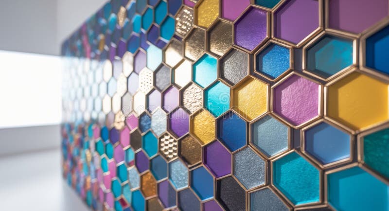 Colorful Hexagonal Wall Design with Metallic Accents and Textures ...