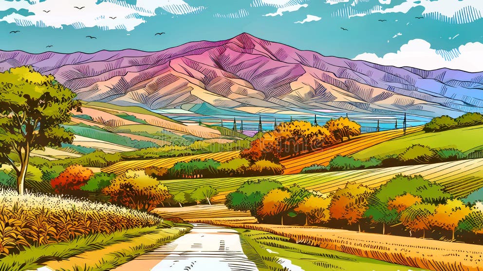 A Colorful Hillside Landscape in Vector Art Style. Stock Illustration ...
