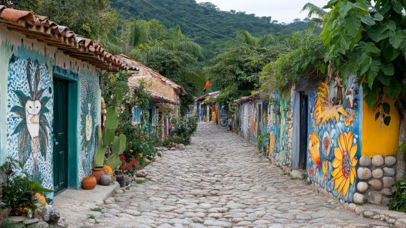 Colorful Hillside Village Street with Murals Stock Photo - Image of ...