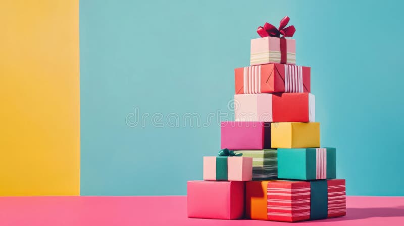 Colorful Holiday Gift Boxes Stacked in a Playful Arrangement Stock ...
