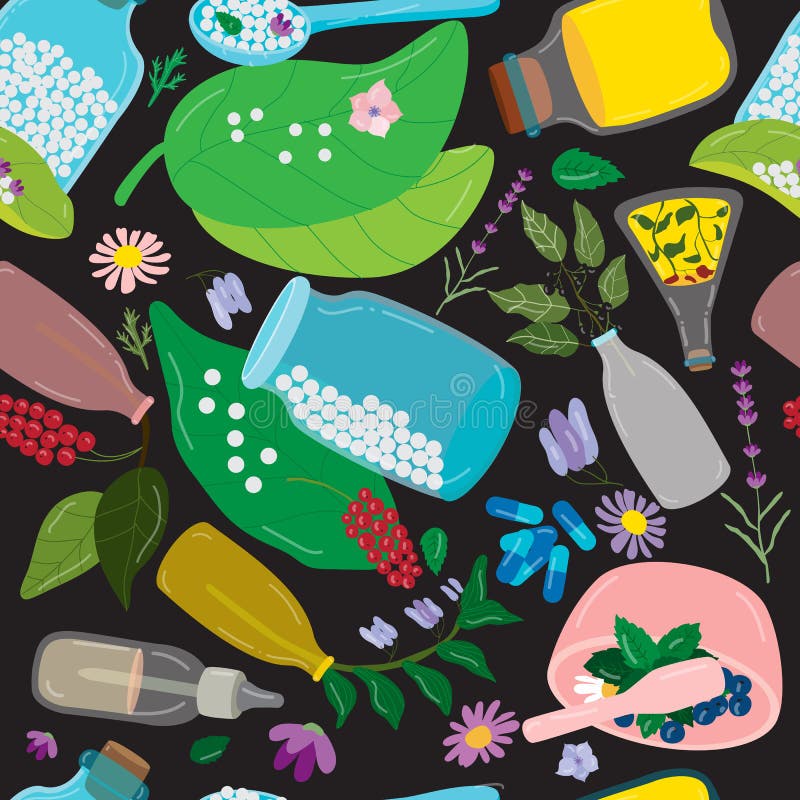 Colorful, Homeopathic, Seamless Patern, Bright Medical Background Set ...