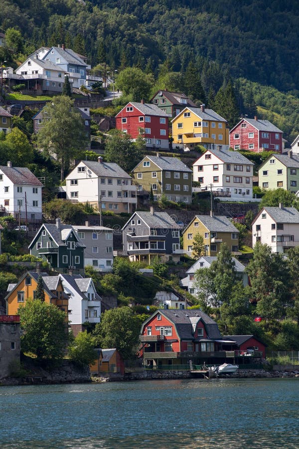 Colorful Homes Against a Mountain in Norway Stock Image - Image of ...