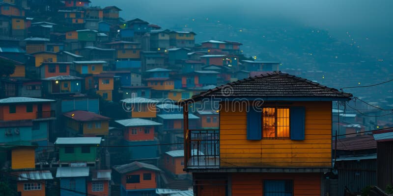 Colorful Homes Illuminated at Dusk in a Hillside Community Surrounded ...