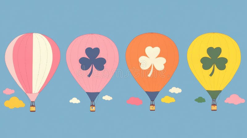 Colorful Hot Air Balloons with Shamrock Designs Float in Blue Sky Stock Illustration ...