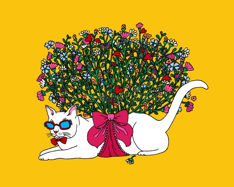 Colorful Hot Summer Cat with Bouquet of Flowers. Stock Vector ...