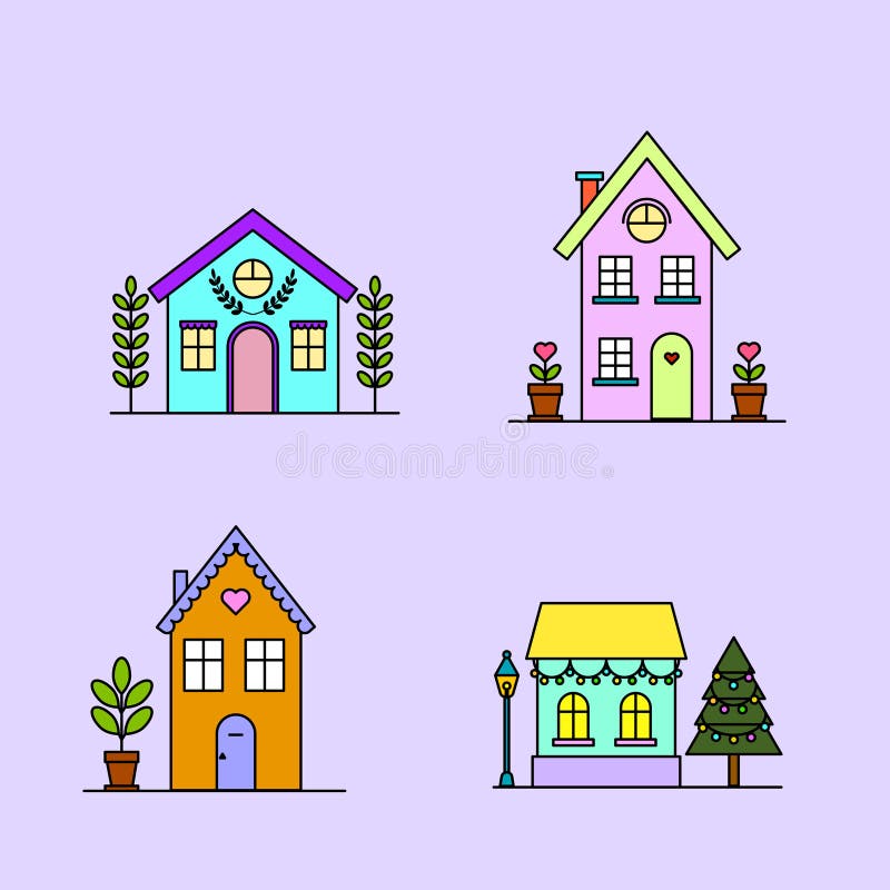 Colorful House Illustrations. Four Unique Homes. Plants and Decorations ...