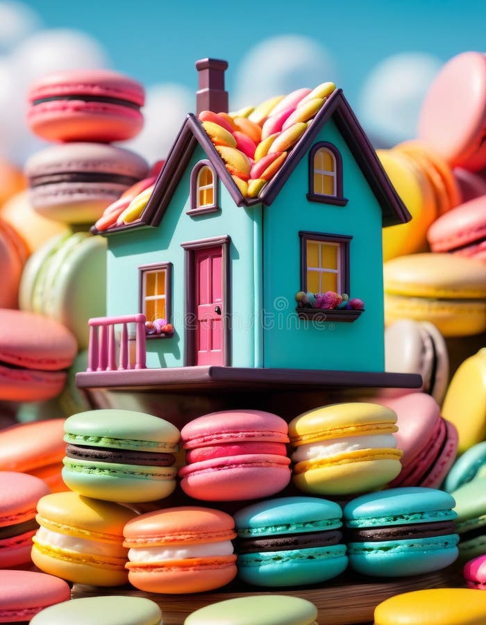 Colorful House and Macarons in Fantasy Setting Stock Image - Image of ...