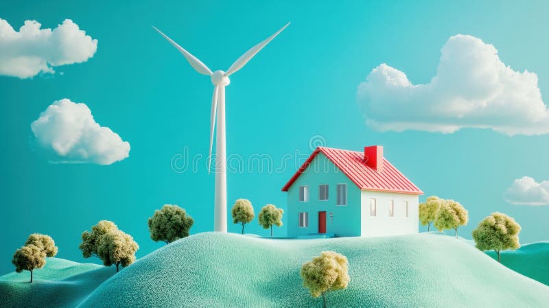 Colorful House with a Wind Turbine on a Grassy Hill Stock Illustration ...