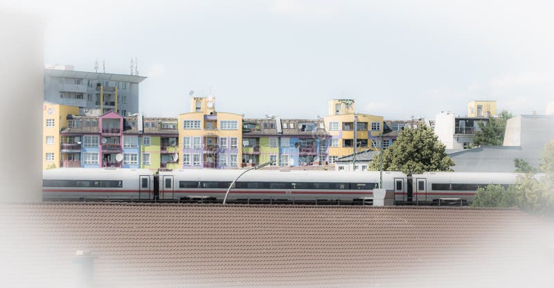 Colorful Houses Front with Moving Intercity Train in Berlin Stock Photo ...