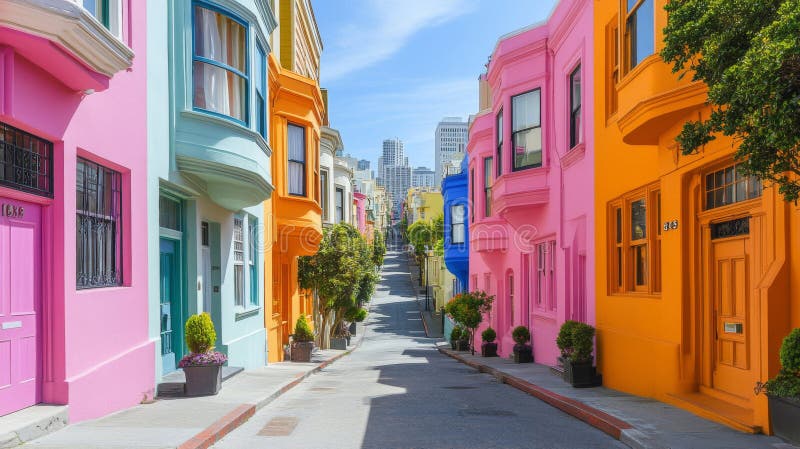 Colorful Houses on a Hillside Street Stock Illustration - Illustration ...