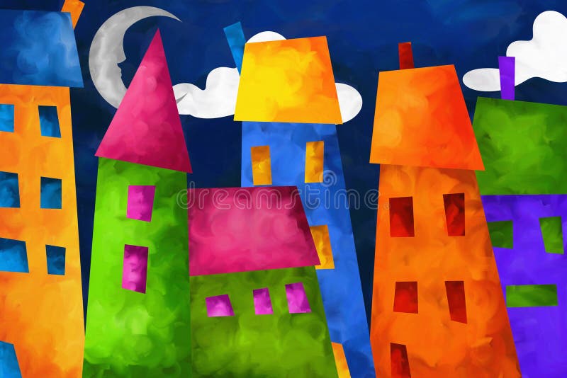 Colorful houses at night stock illustration. Illustration of colors ...