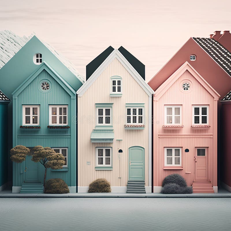 Colorful Houses in a Row on the Street. 3d Rendering Stock Illustration ...
