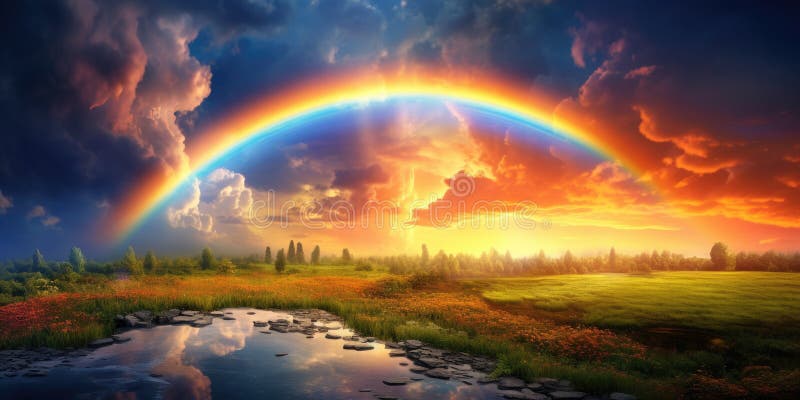 Colorful, Huge Rainbow Over the Beautiful Scenery Nature, Landscape ...
