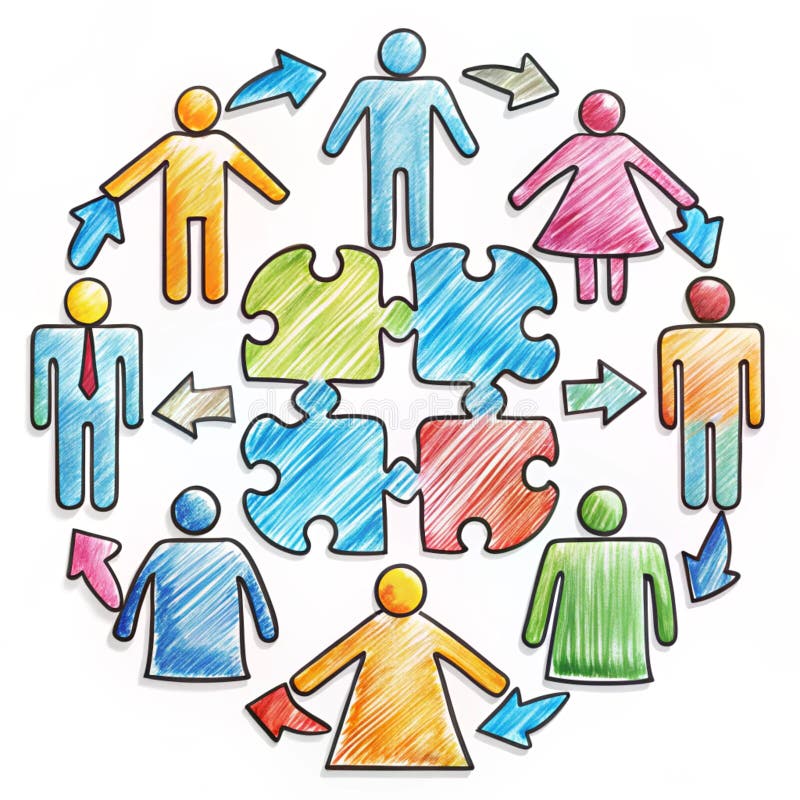 Colorful Human Figures Arranged in a Circle, Connected by Puzzle Pieces ...