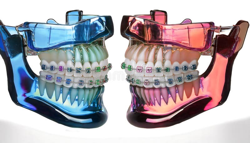 Colorful Human Jaw with Braces, Metal and Ceramic Braces Stock ...