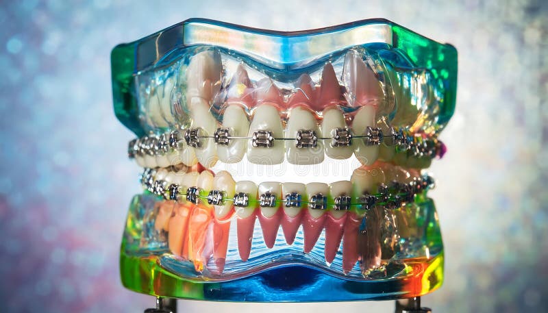 Colorful Human Jaw with Braces, Metal and Ceramic Braces Stock ...