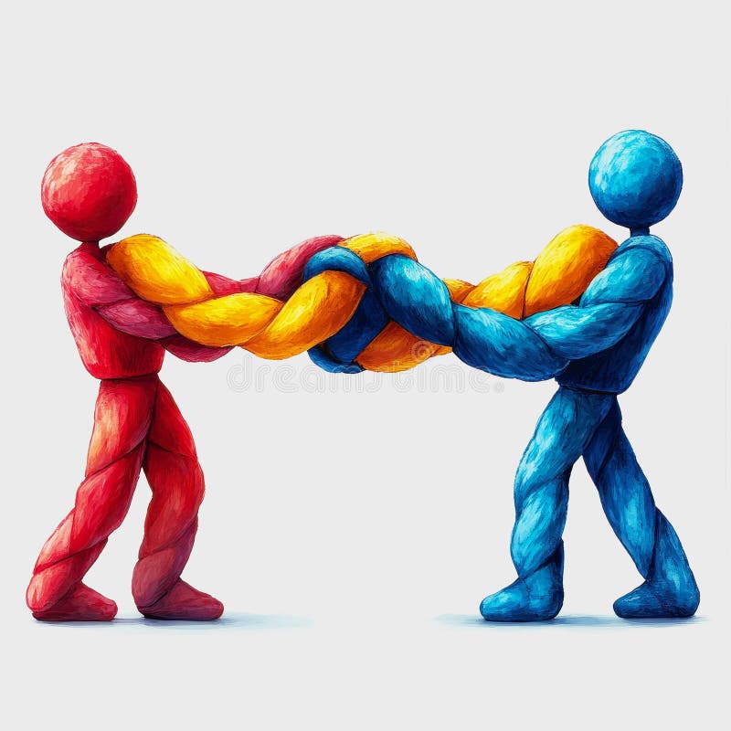 Colorful Humanoid Figures in a Tug of War, Representing Teamwork, Struggle, Competition, Diverse ...
