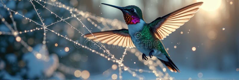 Colorful Hummingbird in Flight with Glowing Spiderweb at Dawn Stock ...