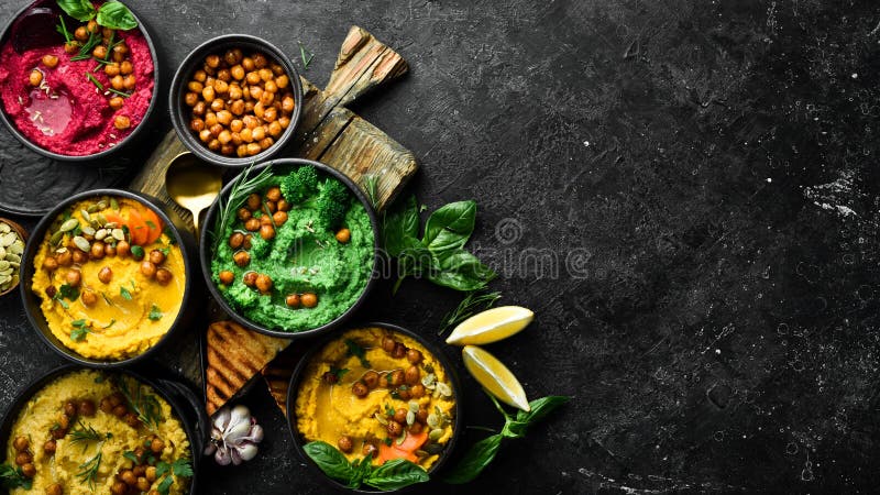 Colorful Hummus Bowls Background. Different Kinds of Dips. Traditional ...