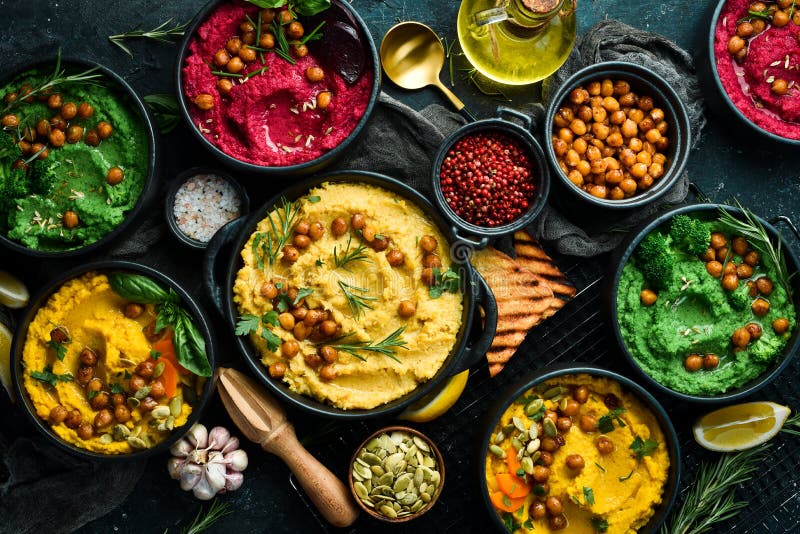 Colorful Hummus Bowls. Flat-lay of Various Vegetarian Dips Hummus Stock ...