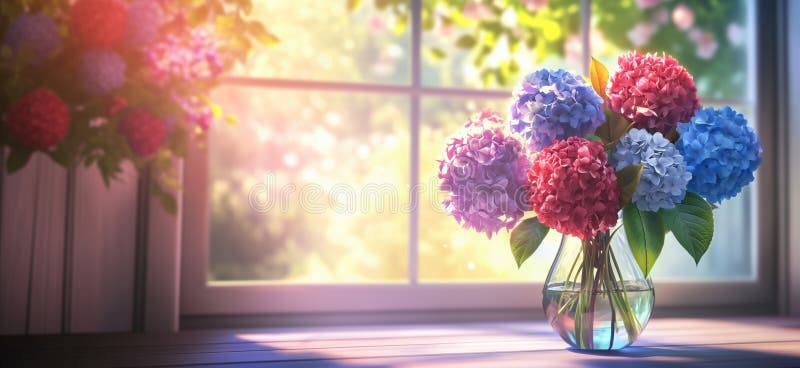 Colorful Hydrangea Bouquet in Glass Vase by Window with Soft Sunlight ...