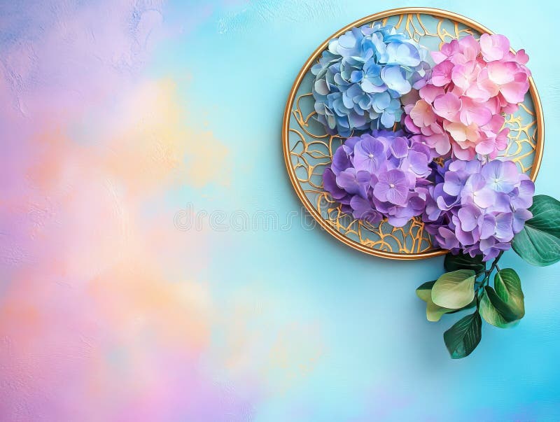 Colorful Hydrangeas in Gold Patterned and Round Three-Dimensional ...