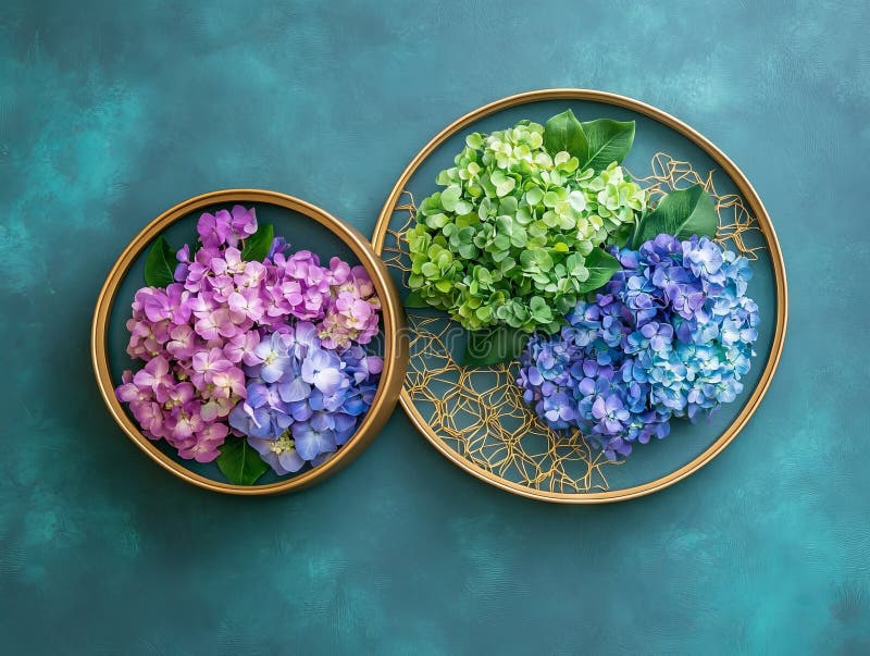Colorful Hydrangeas in Gold Patterned and Round Three-Dimensional ...