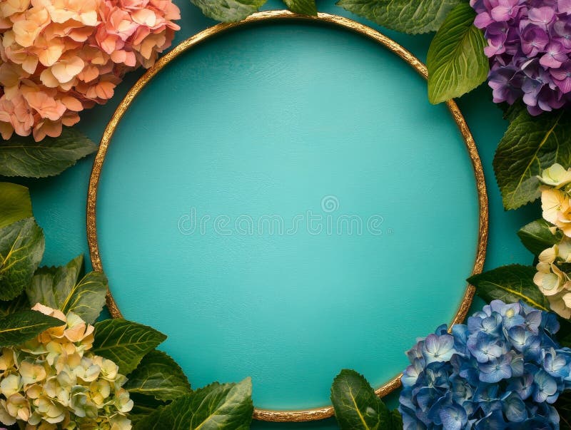 Colorful Hydrangeas in Gold Patterned and Round Three-Dimensional ...