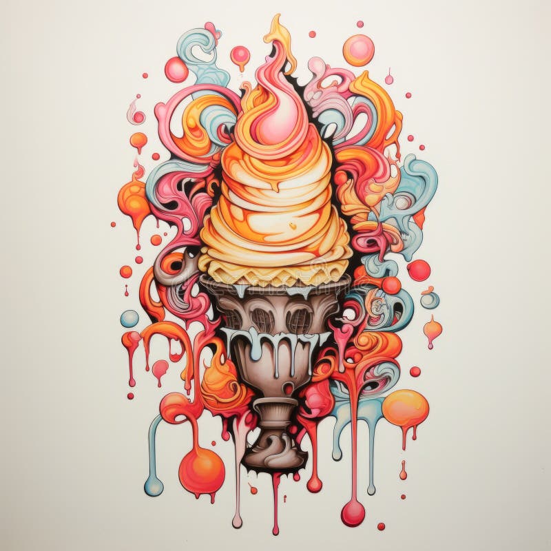 Colorful Ice Cream Cone With Intricate Drips And Swirls Stock