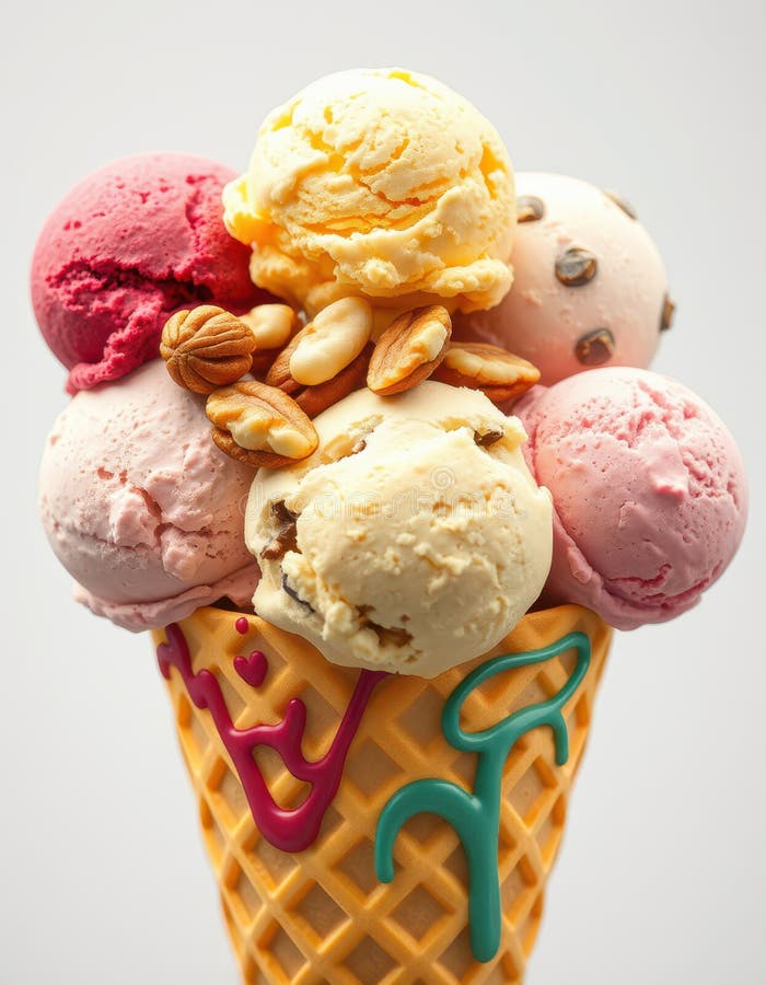 Colorful Ice Cream Cone Loaded with Assorted Flavors and Toppings in a ...