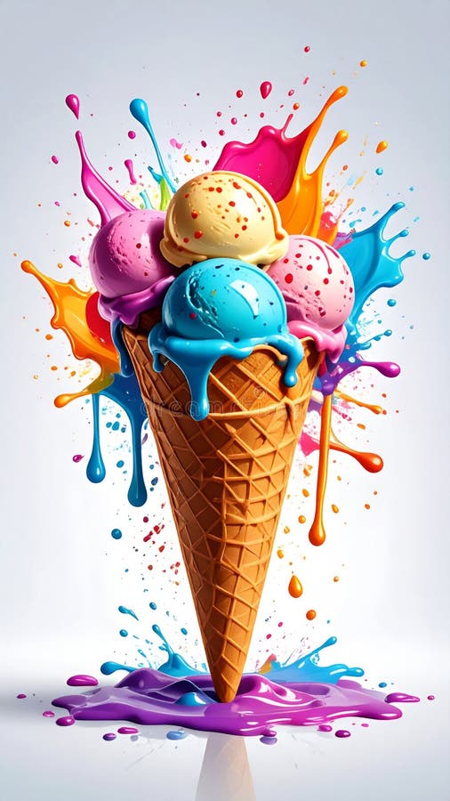 Colorful Ice Cream Cone with Paint Splatter Stock Illustration ...