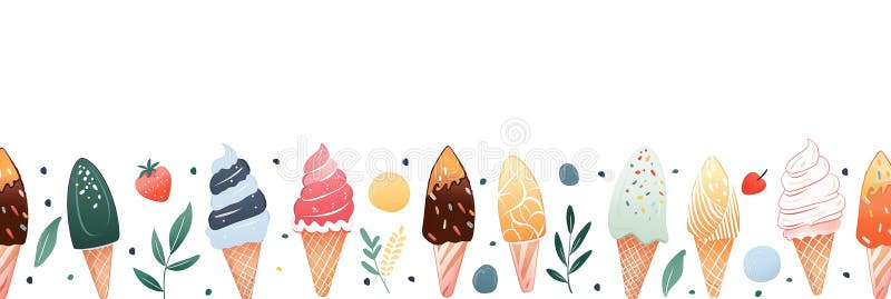 Colorful Ice Cream Cone Pattern with Fruit on White Background ...