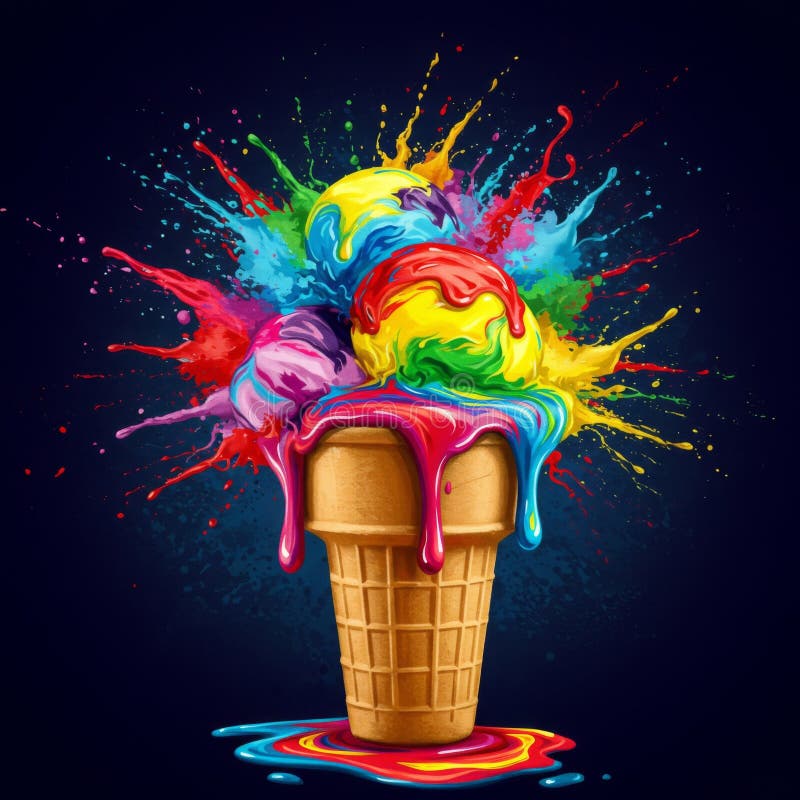 Colorful Ice Cream Cone with Rainbow Paint Splash Stock Illustration ...